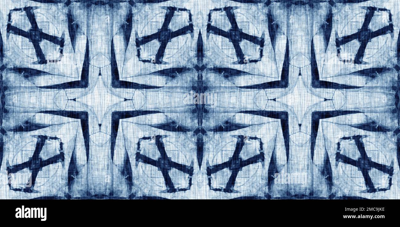 Indigo dye wash coastal damask seamless border pattern. Washed out ...