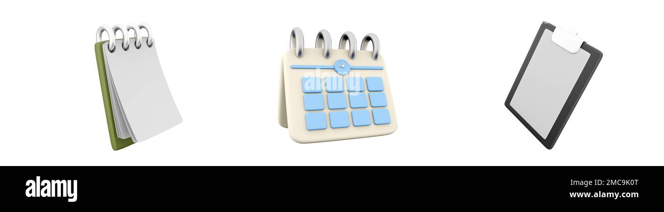 3d render notebook, calendar, folder icon set on white background. 3d ...