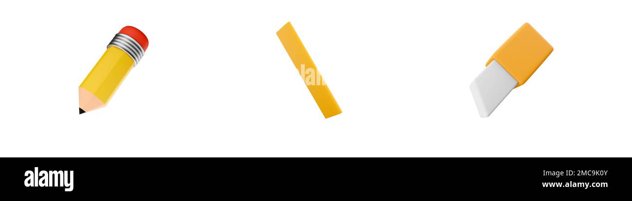 3d render pencil, ruler, eraser icon set on white background. 3d ...