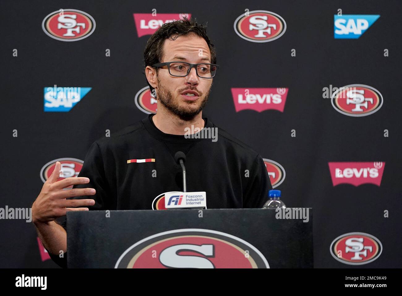 FILE - San Francisco 49ers offensive coordinator Mike McDaniel speaks ...