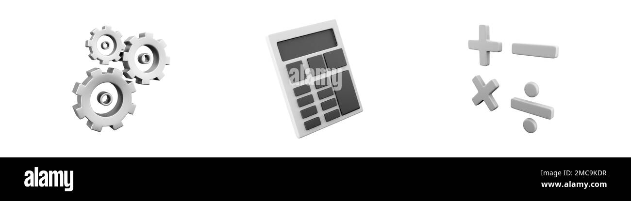 3d render gear, calculator, mathmetical operations icon set on white ...