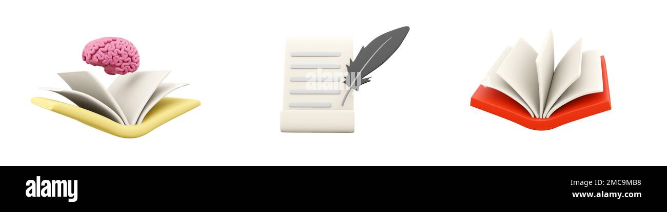 3d render brain on folder, paper roll, book icon set on white ...