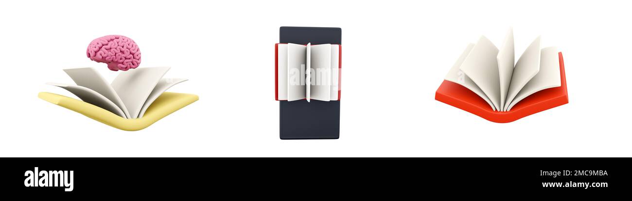 3d render brain on folder, book on black background, open book icon set ...