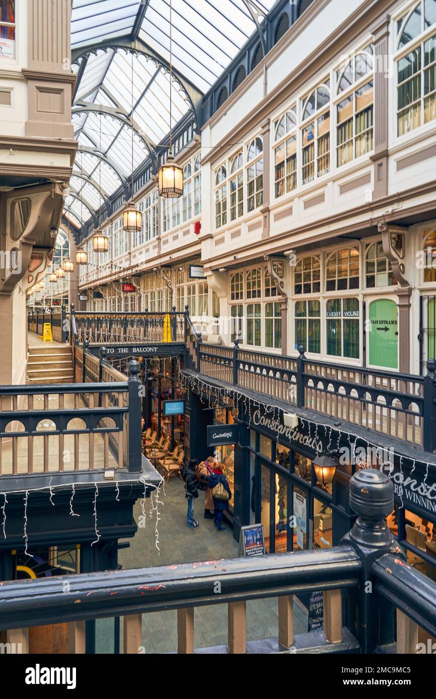 View from the balcony inside the Victorian High Street Arcade, Cardiff ...