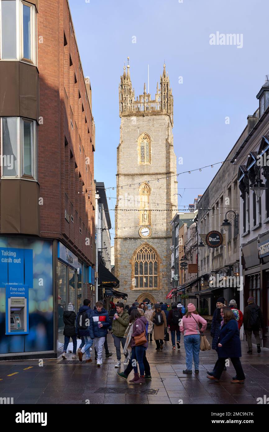 View of St John the Baptist Church down Church Street, Cardiff, South ...