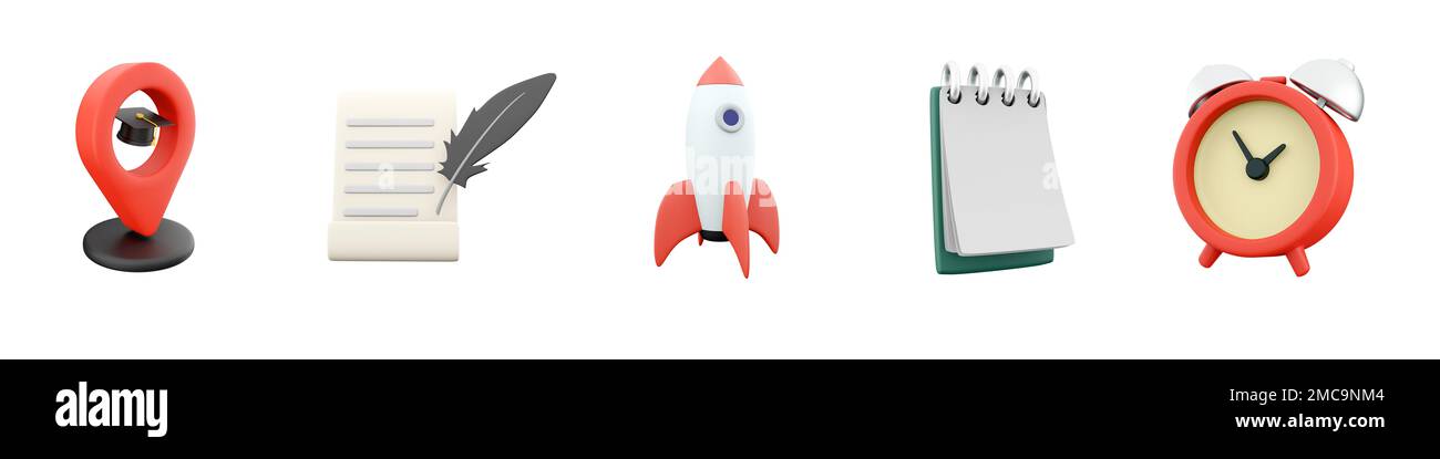 3d render navigation, paper roll, notebook, alarm clock icon set on ...