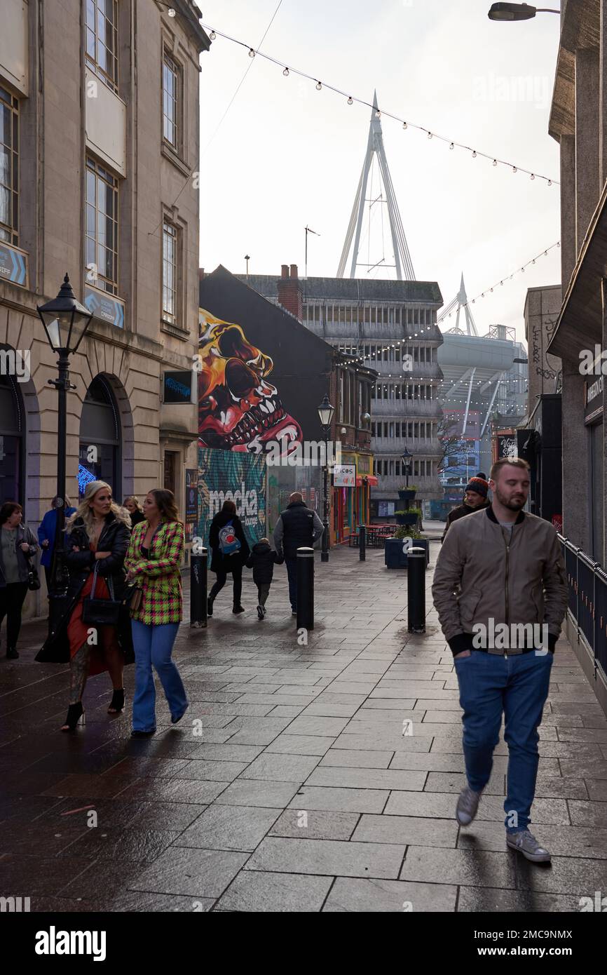 Quay Street, Cardiff, South Wales, with the top of The Principality ...