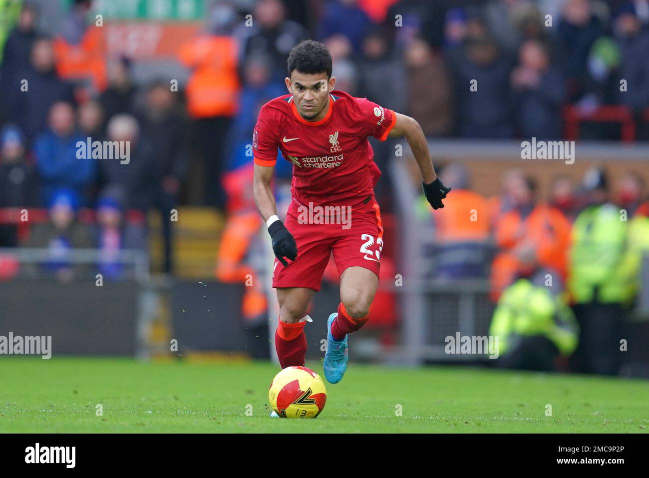 Liverpool's Luis Diaz runs with the ball during the FA Cup fourth round ...