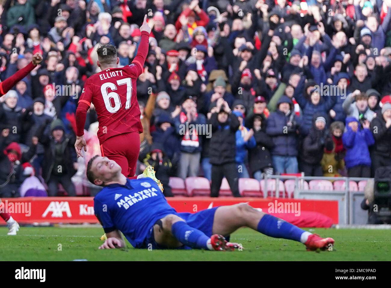 Liverpool's Harvey Elliott celebrates after scoring his side's third ...