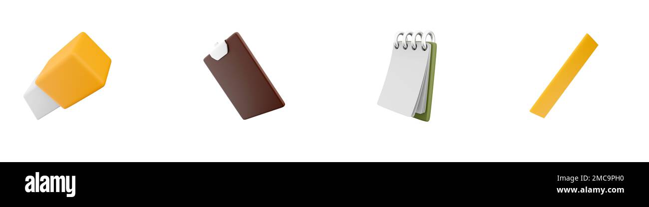 3d render eraser, folder, notebook, ruler icon set on white background ...