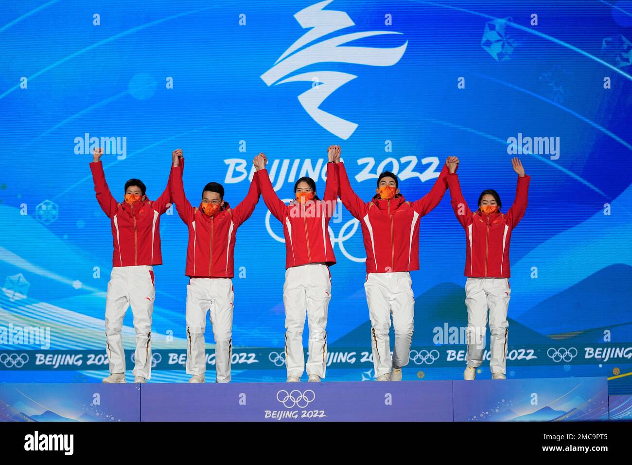 Team China, gold medalists, pose for photos during a medals ceremony ...