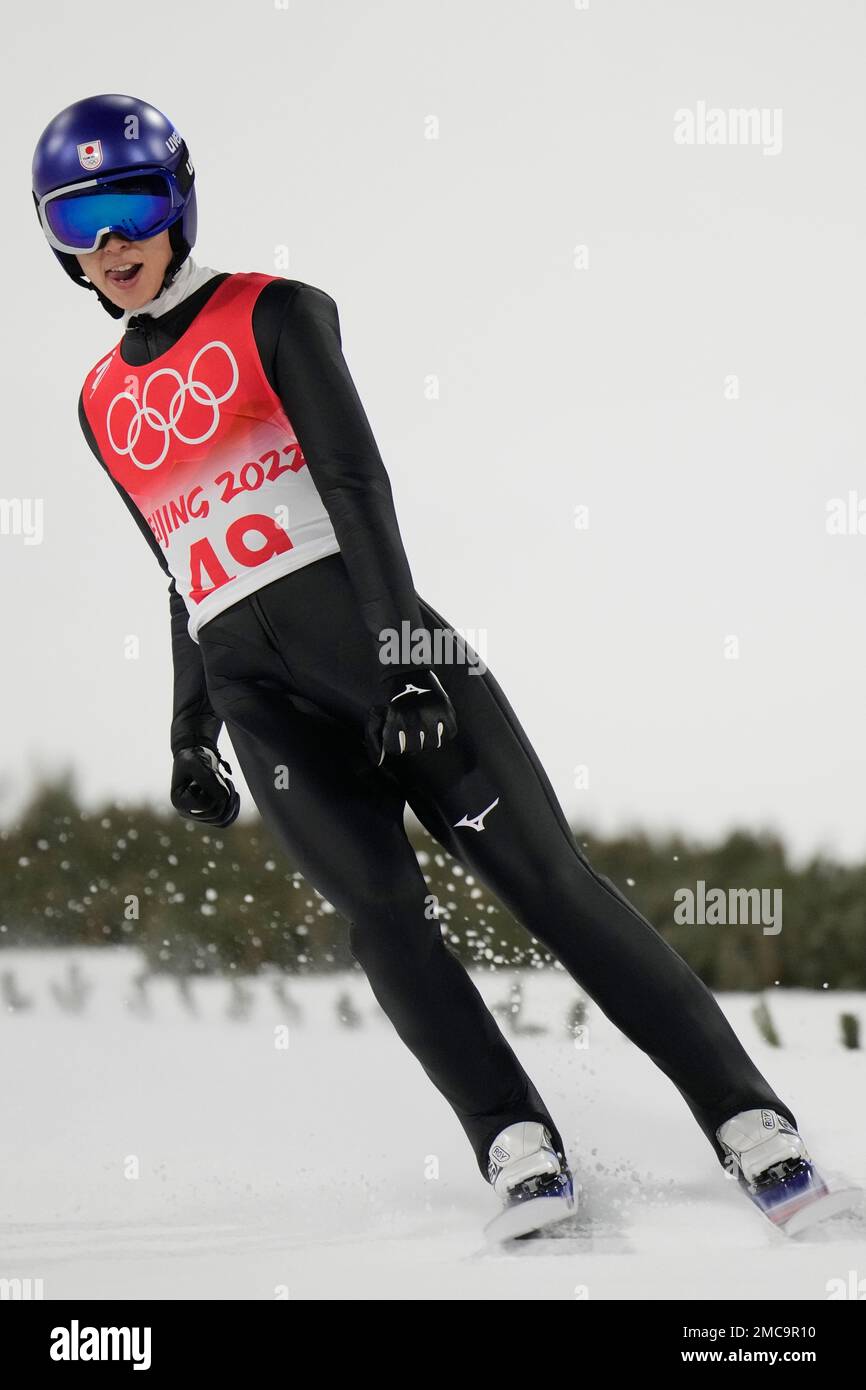 Ryoyu Kobayashi, of Japan, smiles after a jump during the men's normal ...