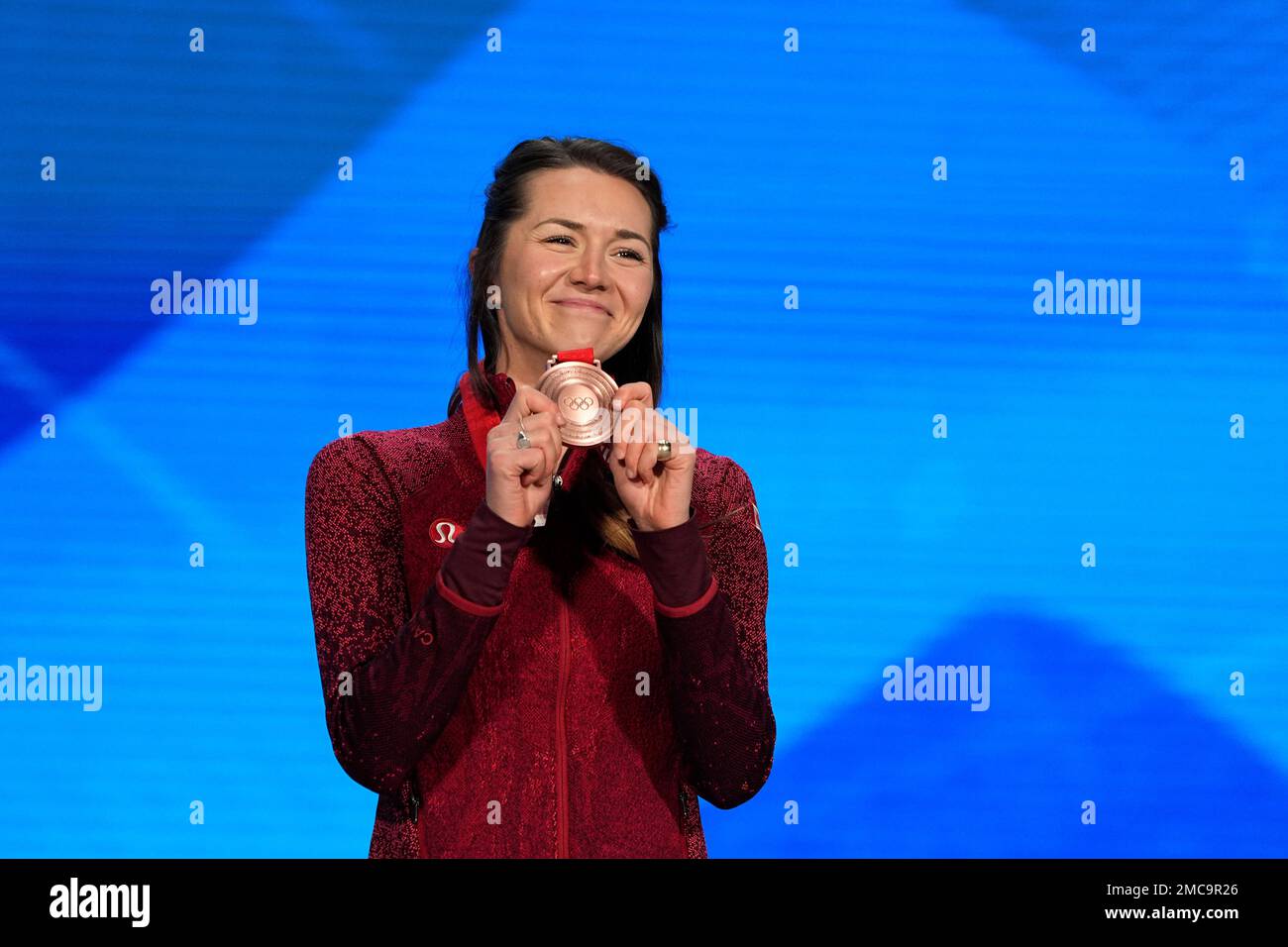 Bronze medalist Isabelle Weidemann, of Canada, poses for a photo during ...