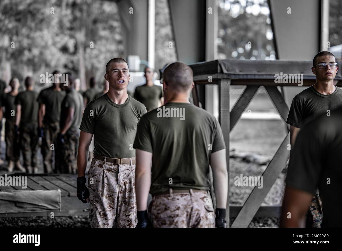 Recruits with Mike Company, 3rd Recruit Training Battalion, participate in the Marine Corps ...