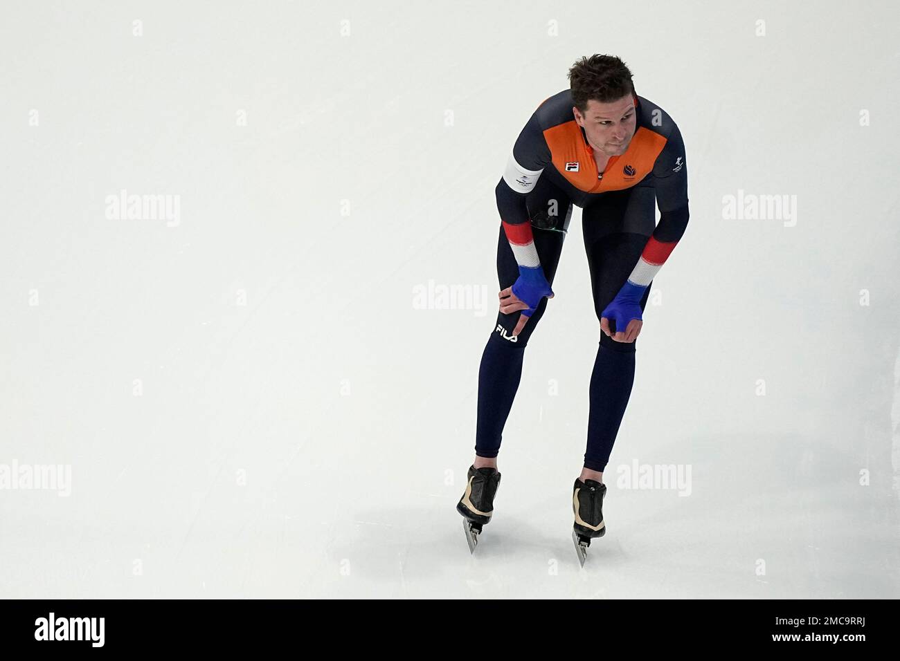 Sven Kramer of the Netherlands reacts after his heat in the men's ...