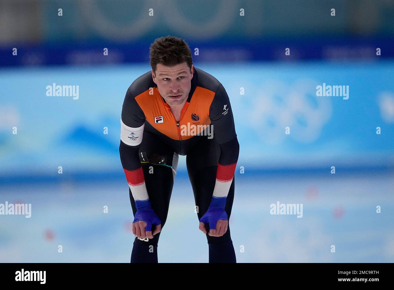 Sven Kramer of the Netherlands reacts after his heat during the men's ...