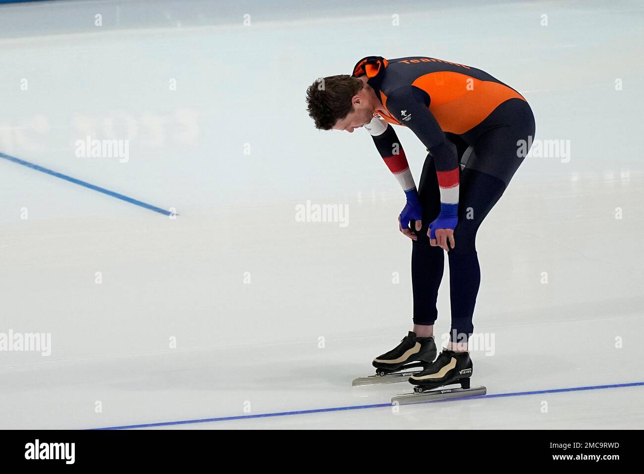 Sven Kramer of the Netherlands reacts after his heat in the men's ...