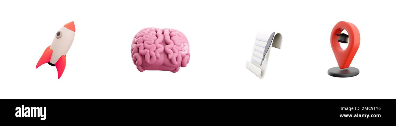 3d render rocket, braon, paper roll, navigation icon set on white ...