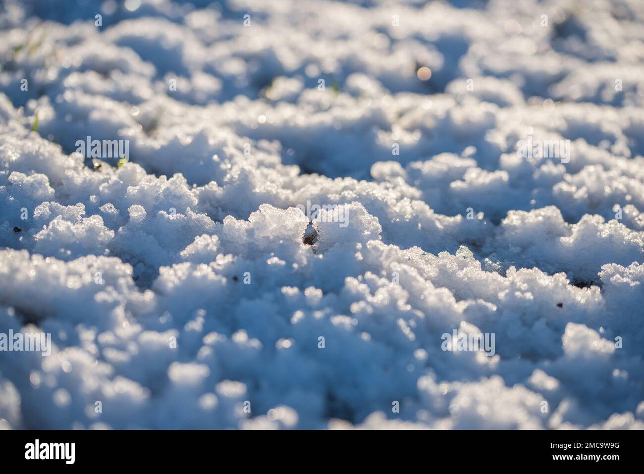 Snow as background, closeup view. Winter weather. Spring grainy blue ...
