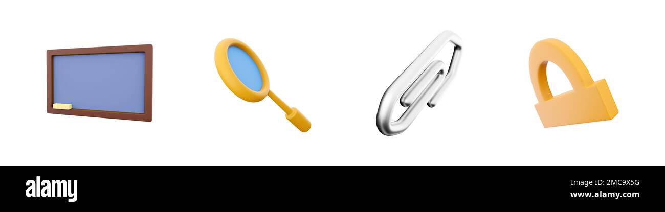 3d render board, magnifier, attache, ruler icon set on white background ...