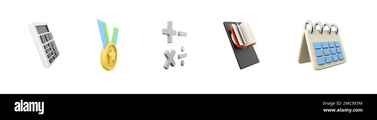 3d render calculator, award, mathmetical operations, book, calendar ...