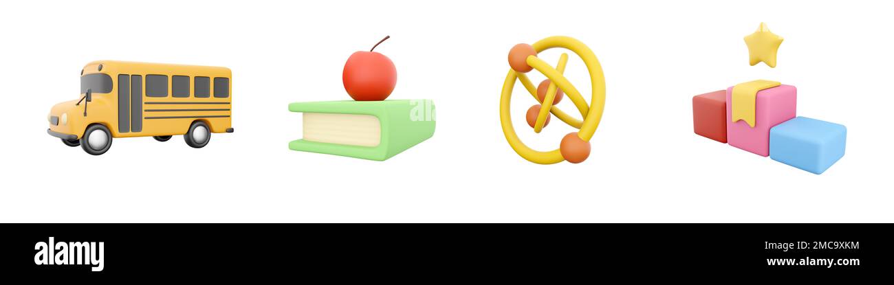3d render school bus, apple on book, chemistry circle, winning icon set ...