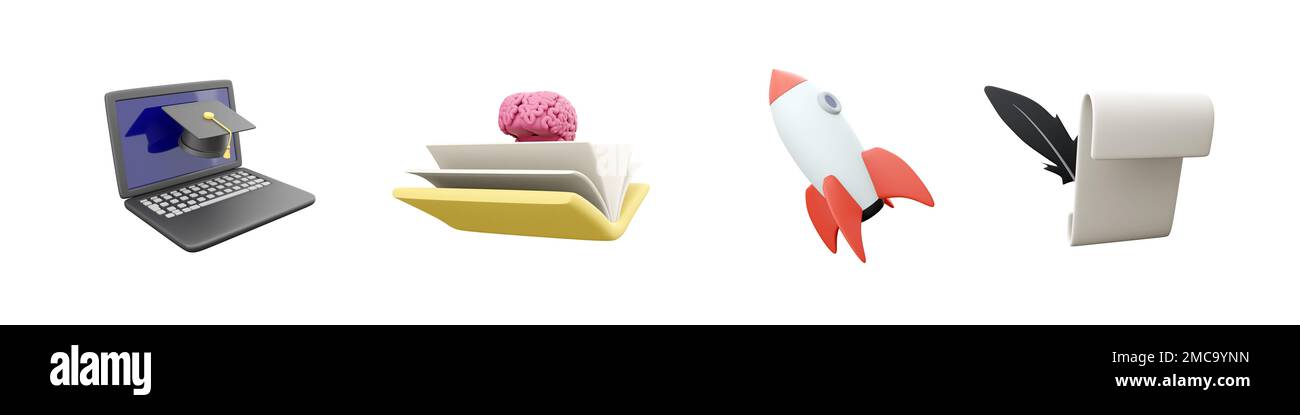 3d render laptop, brain in folder, rocket, paper roll icon set on white ...