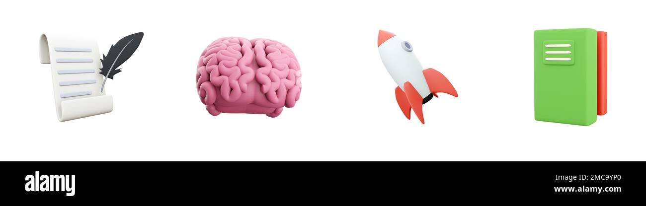 3d render brain, paper roll, rocket, books icon set on white background ...