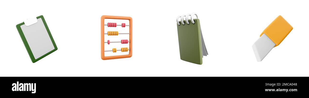 3d render document, calculate, notebook, eraser icon set on white ...