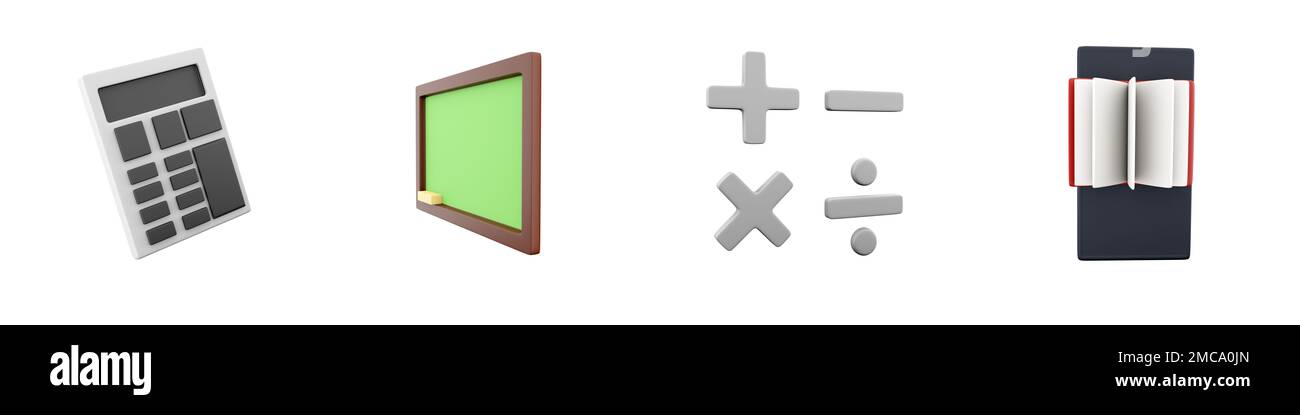 3d render calculator, board, mathmetical operations, book icon set on ...