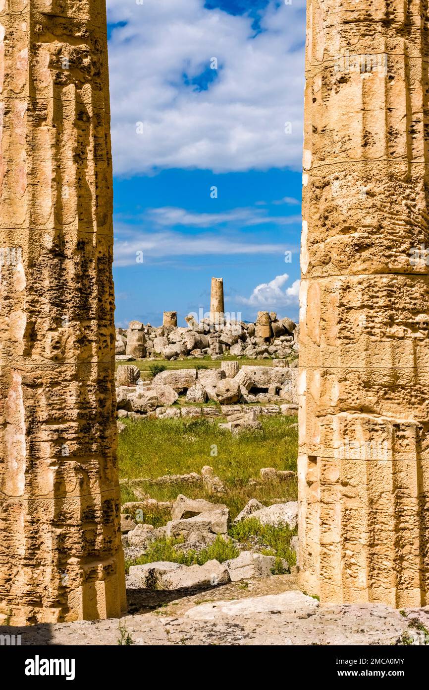 Ruins and columns of the temple of Tempio di Hera in the archaeological ...
