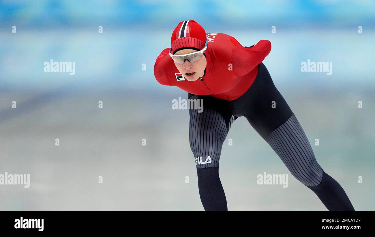 Ragne Wiklund of Norway competes in the women's speedskating 3,000 ...