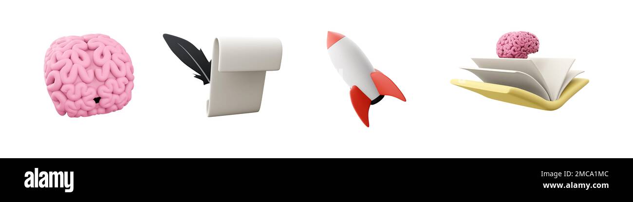 3d render brain, paper, rocket and brain in folder on white background ...