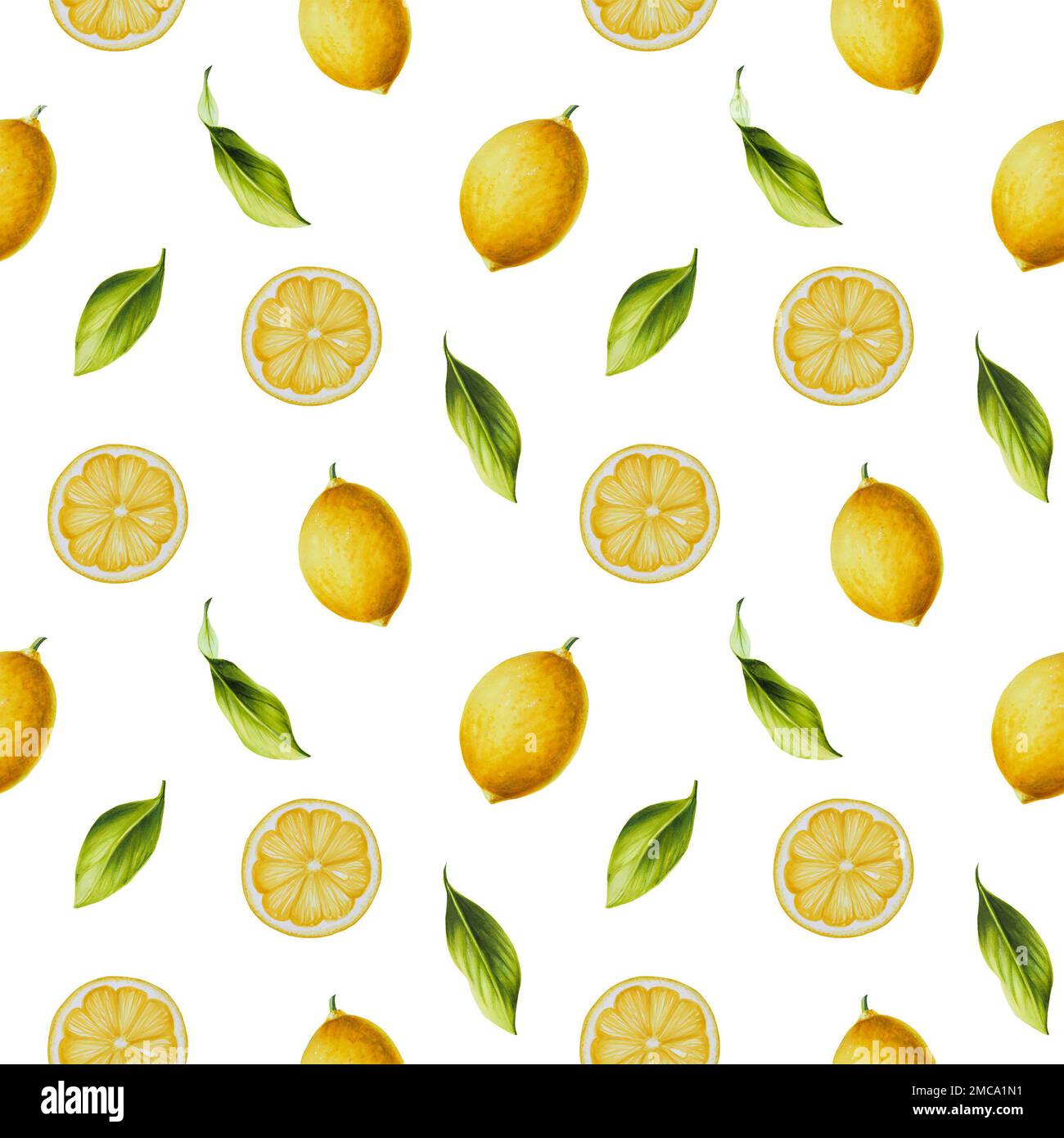 Watercolor seamless pattern with fresh ripe lemon with bright green ...