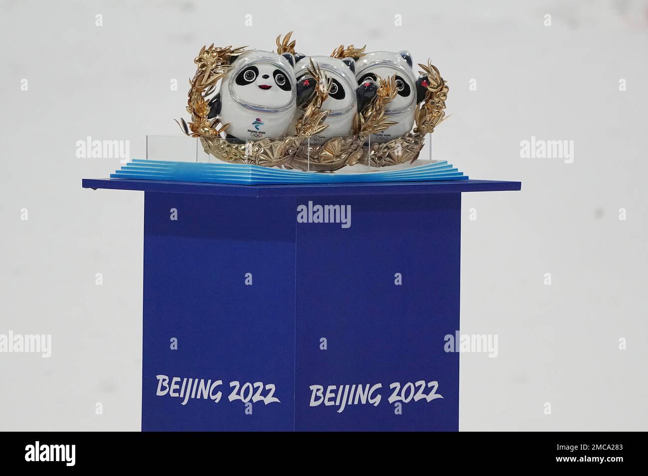 Mascots that were presented to the medalists are displayed before the ...