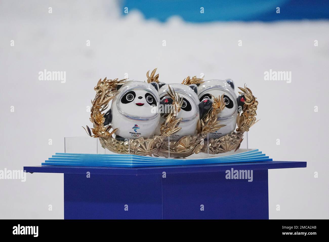 Mascots that were presented to the medalists are displayed before the ...