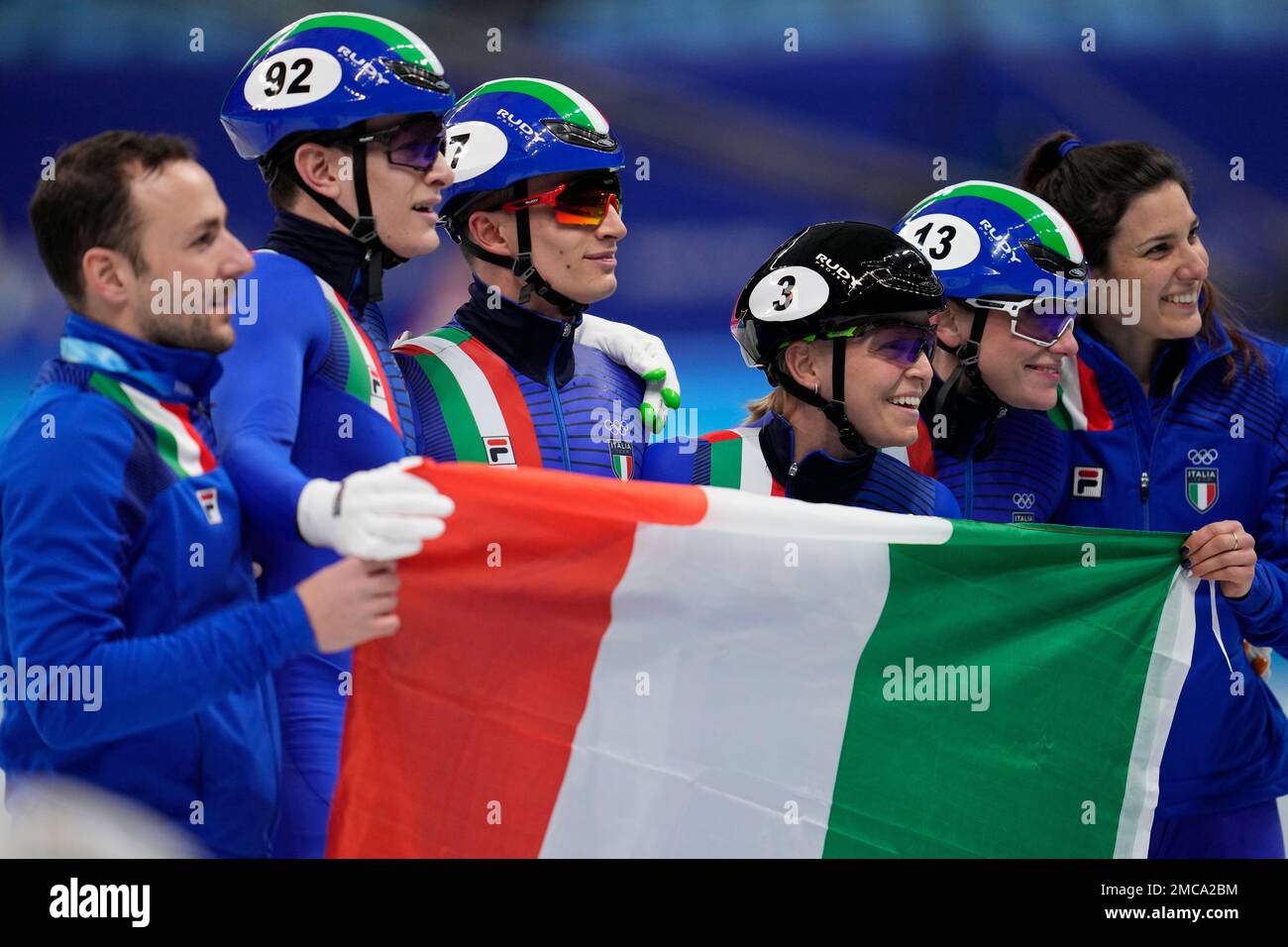 Team Italy celebrate after winning the silver medal in the mixed team ...