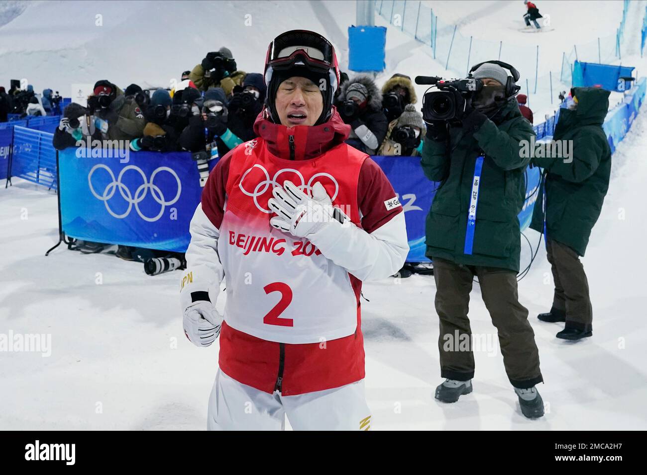 Japan's Ikuma Horishima reacts after in the men's moguls finals at ...