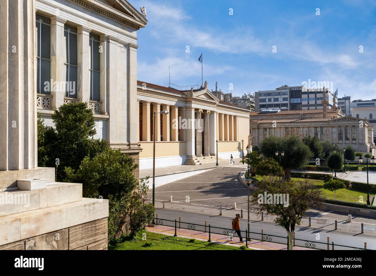 Athens neoclassical trilogy. On the left the National Library, at the ...