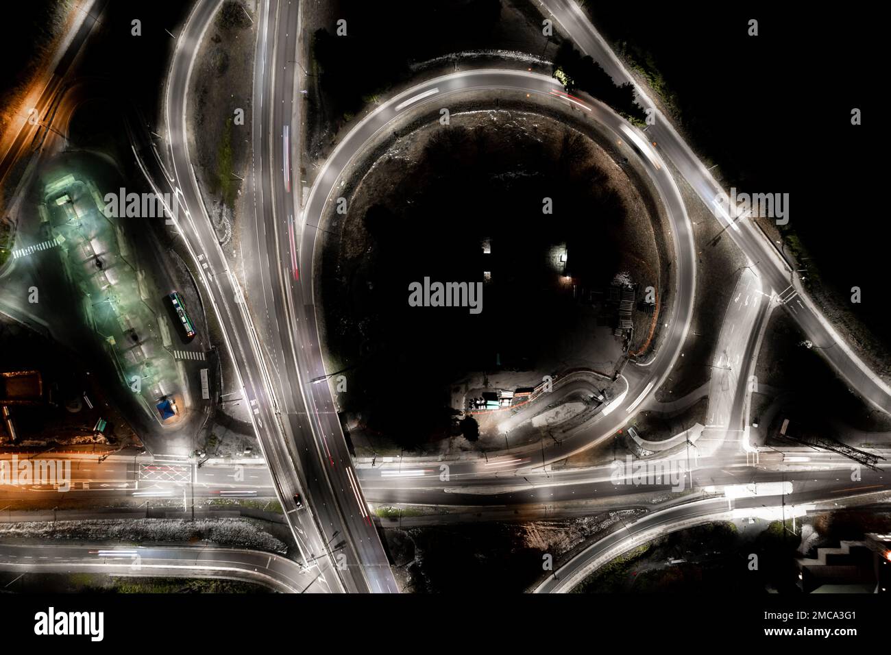 Night city street highway, interchange , bus stop, overhead city ...