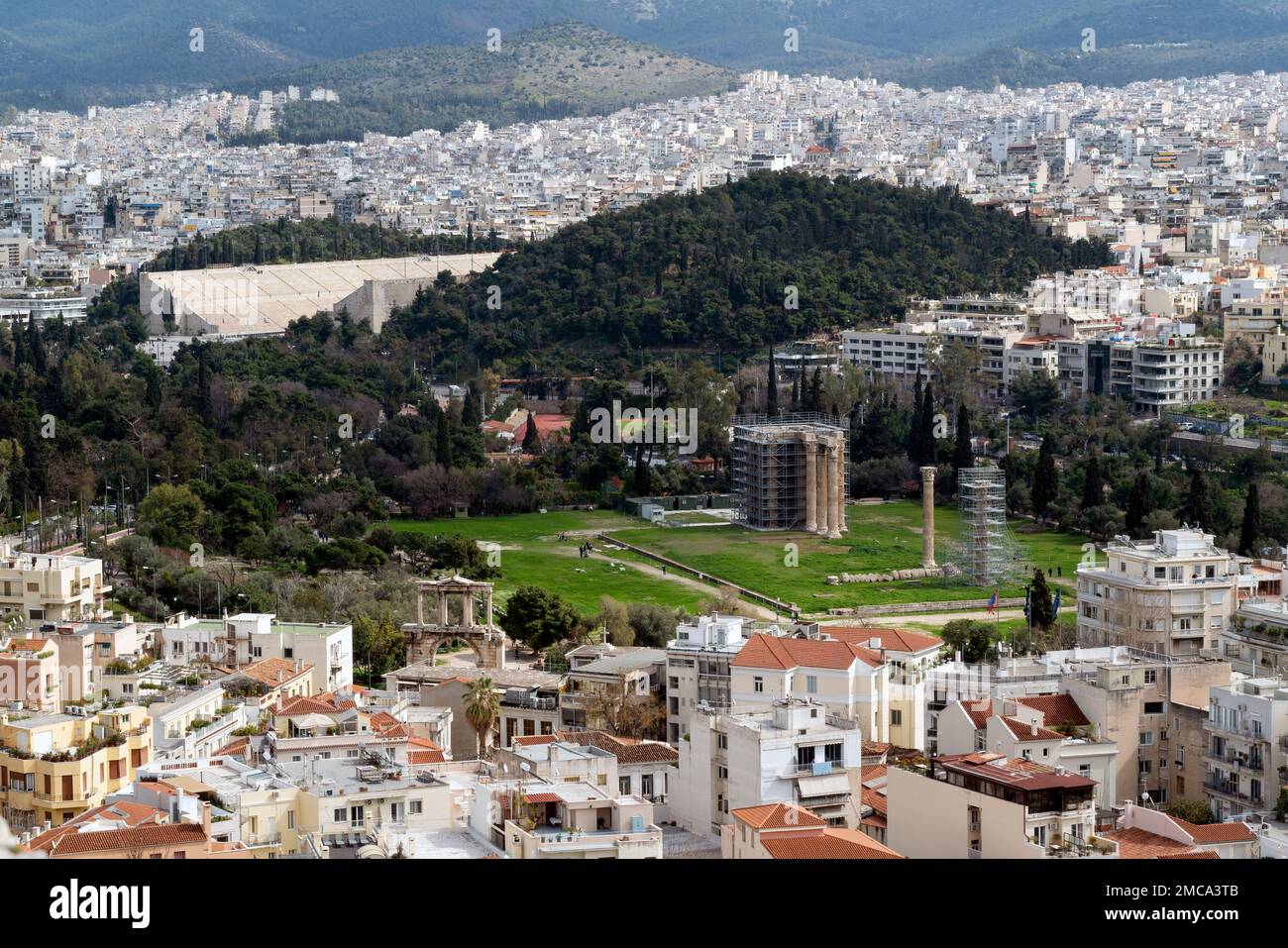 Panoramic view to Athens as seen from the Acropolis. Hadrian's Gate ...