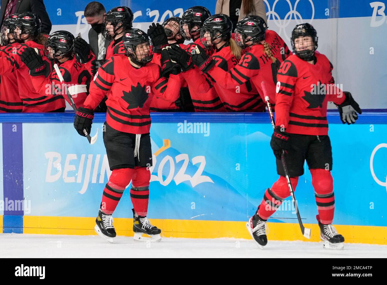 Canada's Jamie Lee Rattray (47) and Sarah Nurse (20) celebrate after a ...