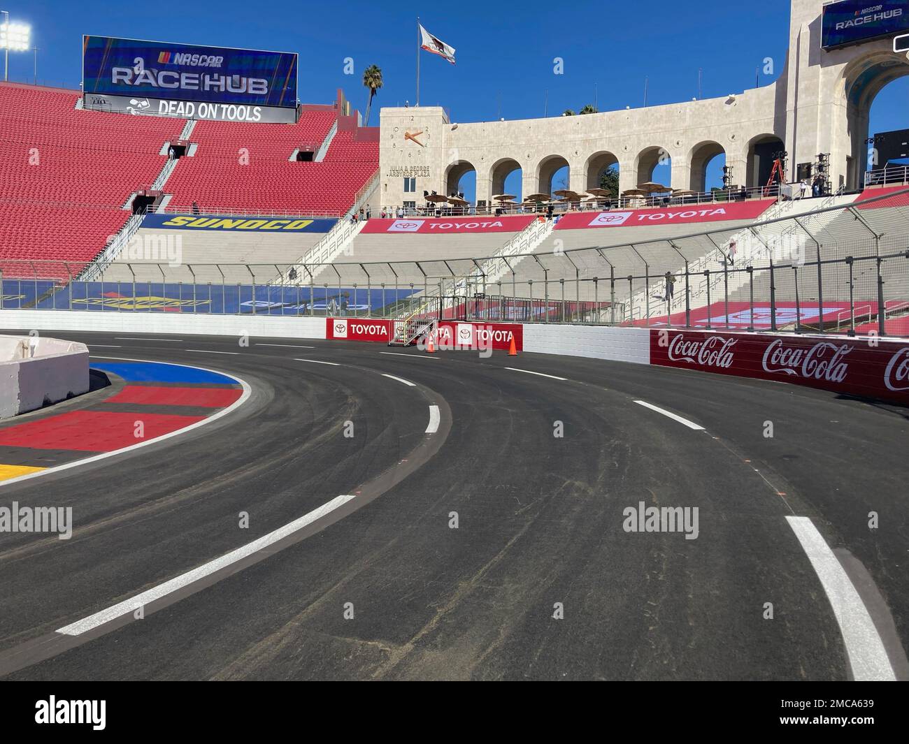 Turn 1 of a temporary auto racing track is viewed inside LA Coliseum ...