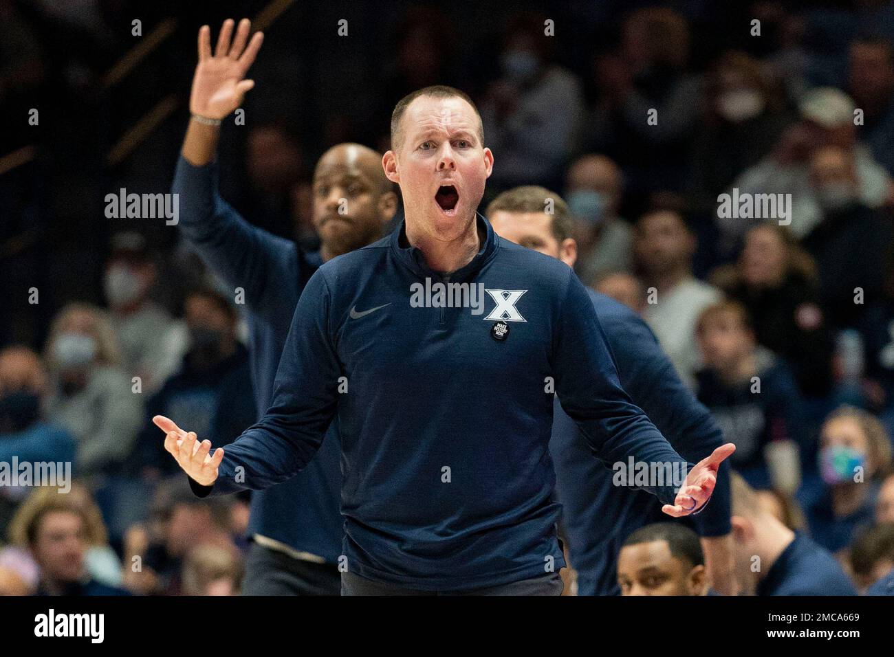 Xavier head coach Travis Steele reacts during the first half of an NCAA ...