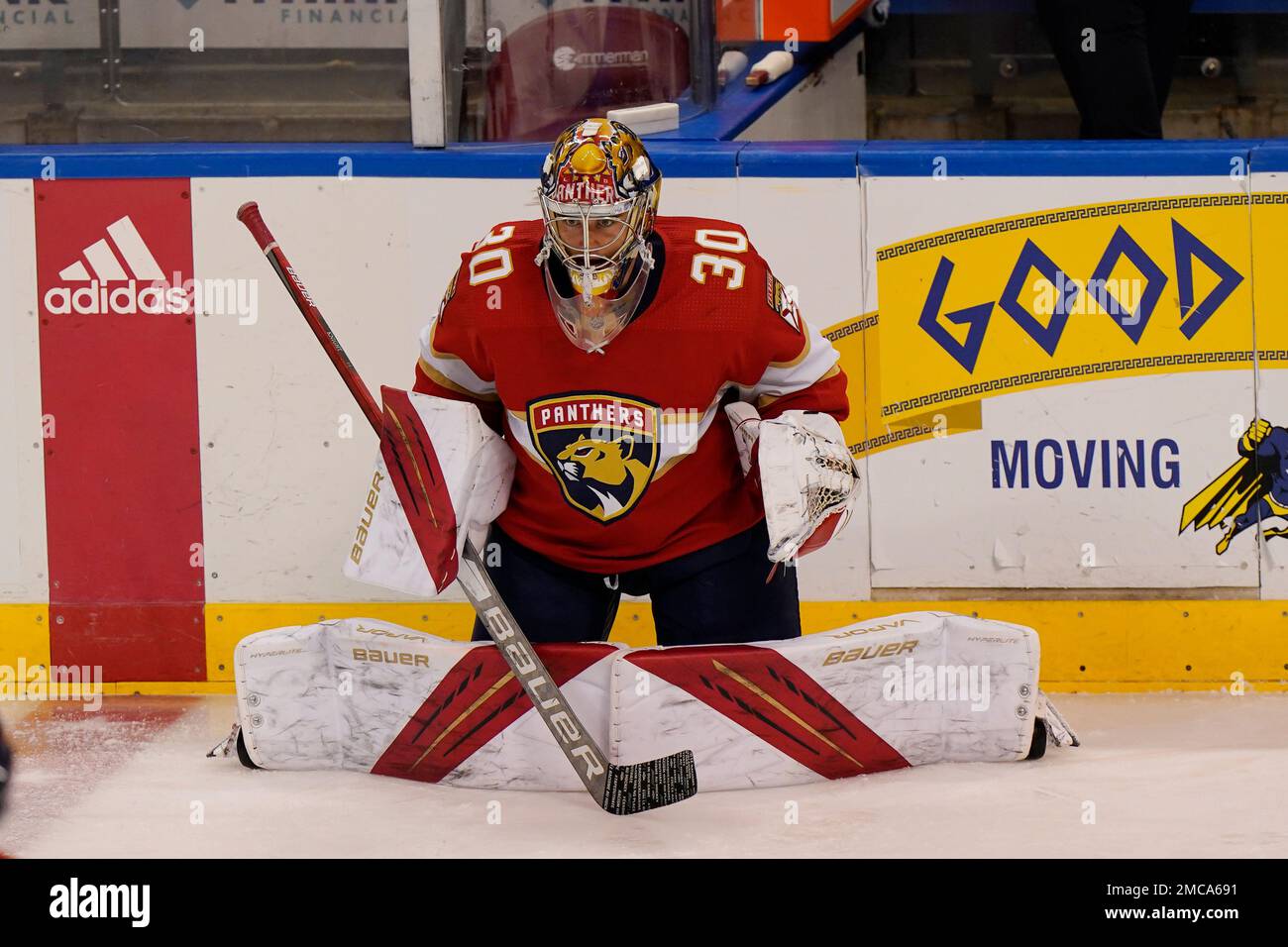 Florida Panthers goaltender Spencer Knight warms up before the start of ...