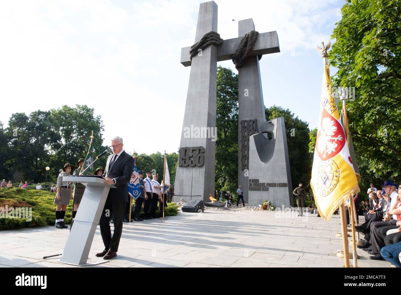 Jacek Jaśkowiak, mayor of Poznań, gives a speech in front of the 1956 ...