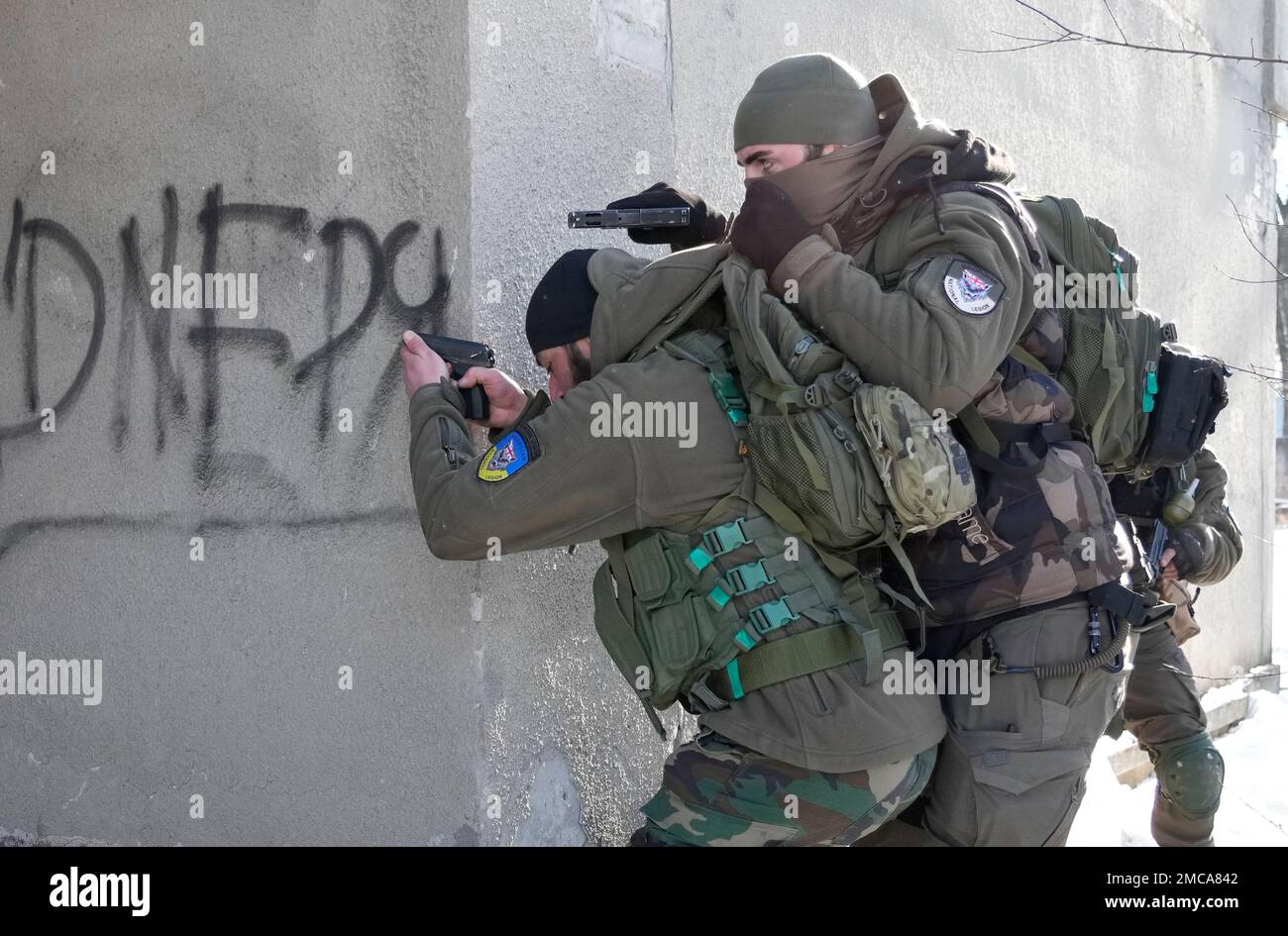 Members of Georgian Legion train in their base in Kyiv, Ukraine, Friday ...