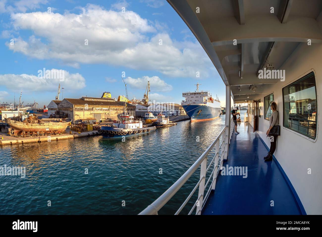 On board a commercial ship with view to Piraeus - Perama port on a ...
