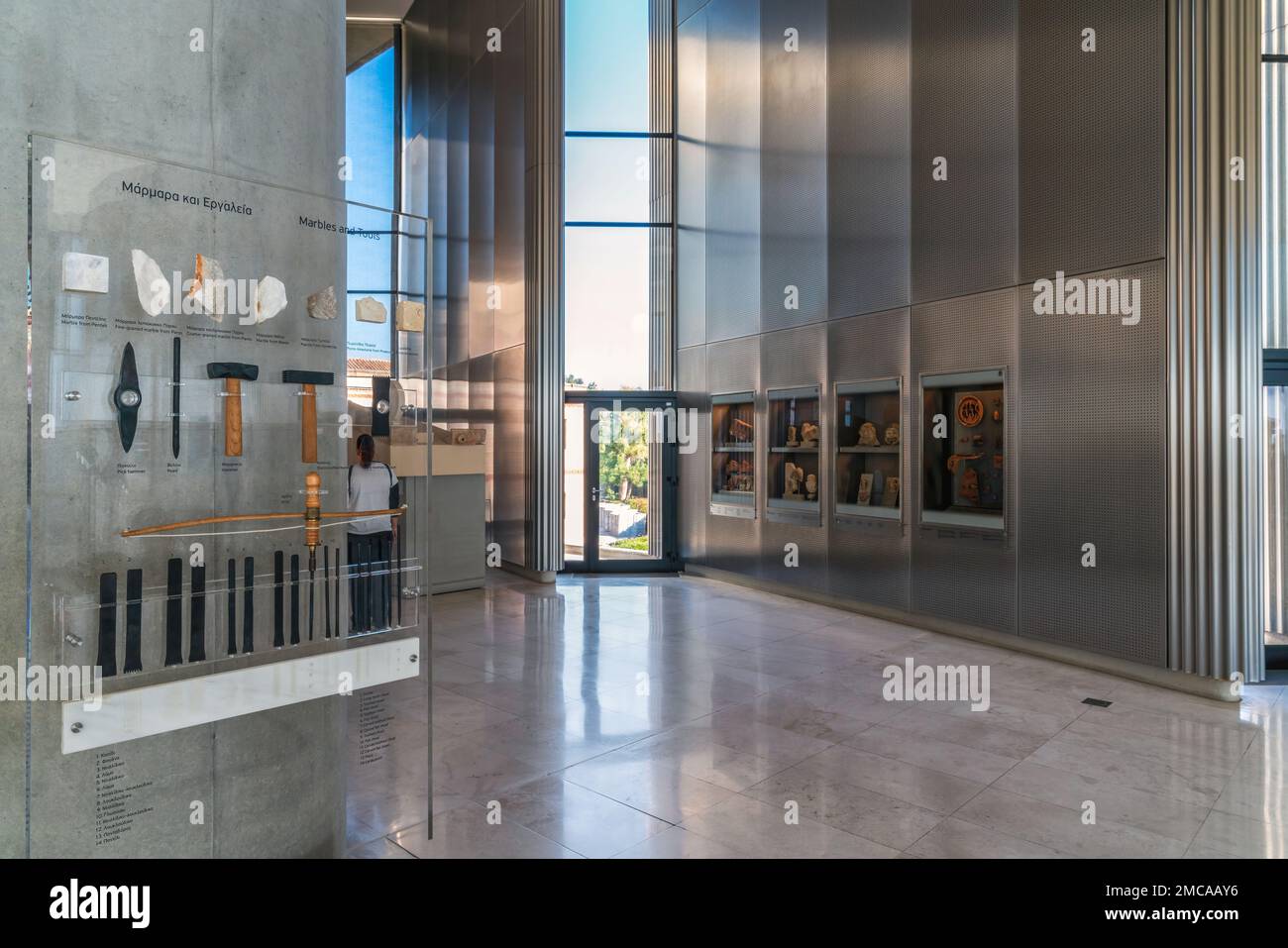 Interior view of the new Acropolis Museum in Athens city. Marbles and ...
