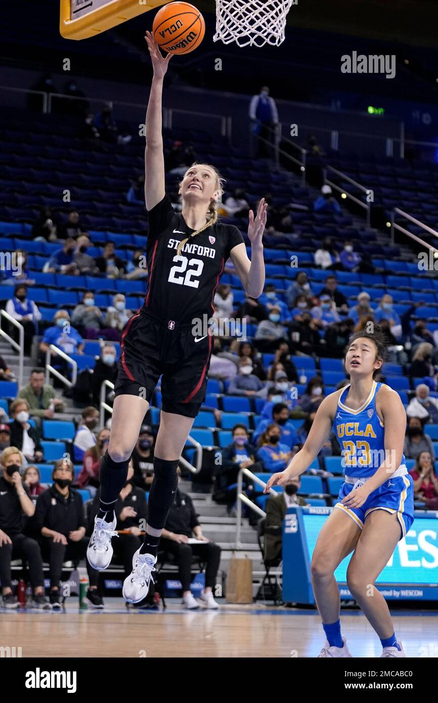Stanford forward Cameron Brink (22) scores past UCLA guard Natalie Chou ...